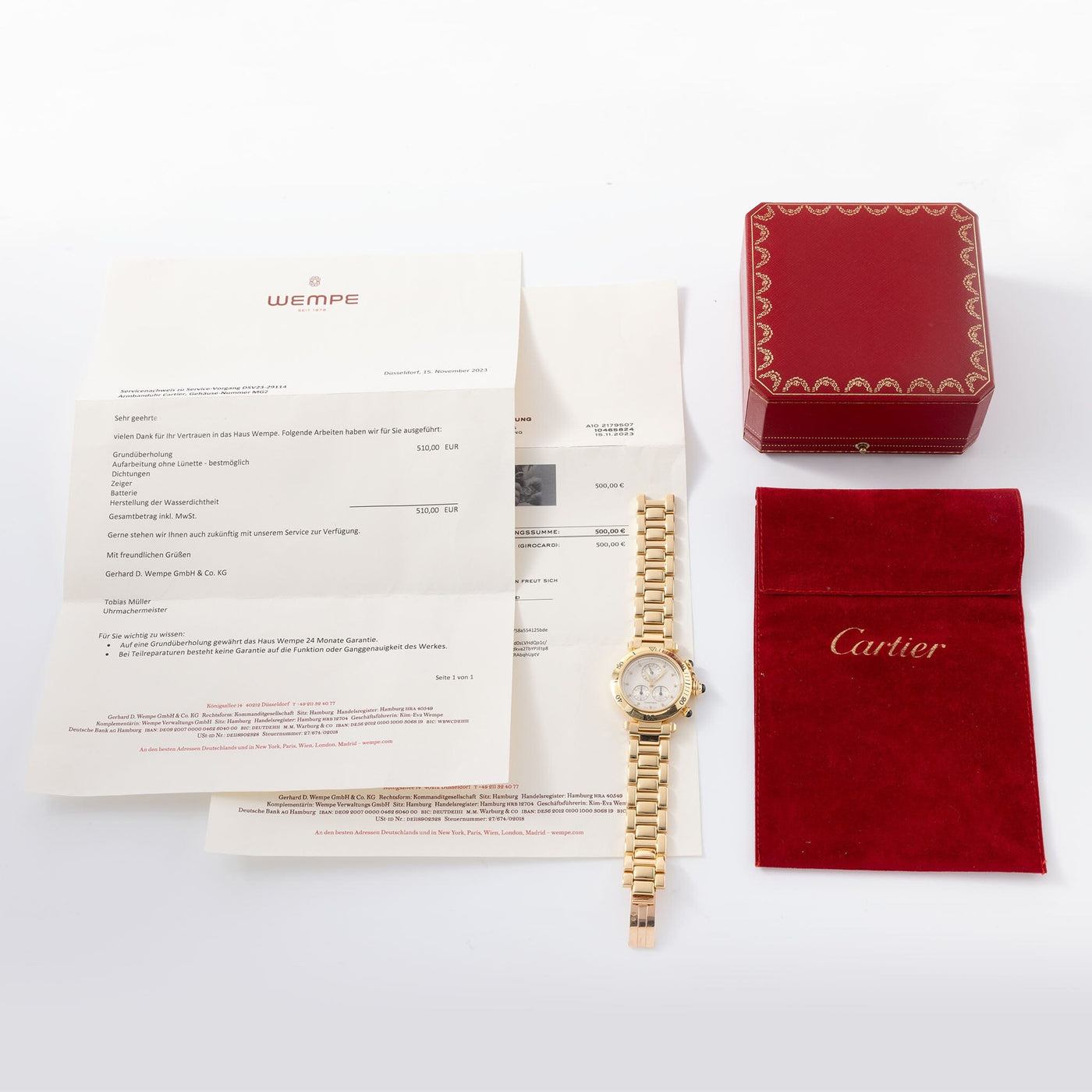 Cartier Pasha Chronograph in 18kt Gold Box and Service Invoice ref 135