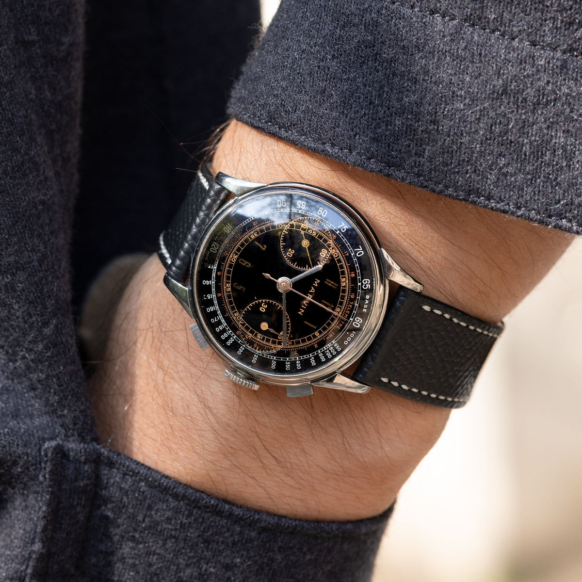 Marvin Chronograph Oversized Black Dial Multi-scale Valjoux 22 Chronog