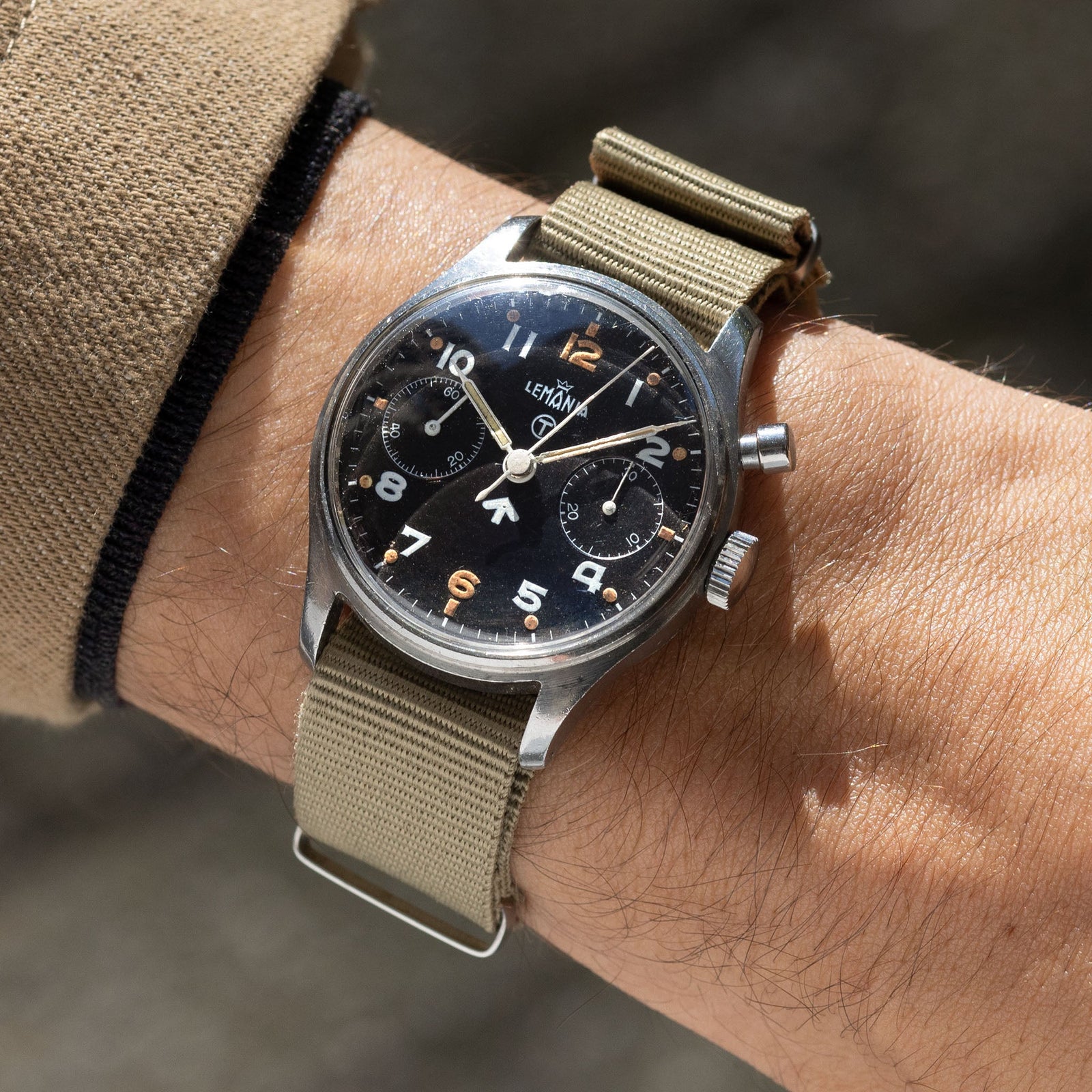 Lemania Military Mono Pusher Chronograph Black Dial, Second Series for