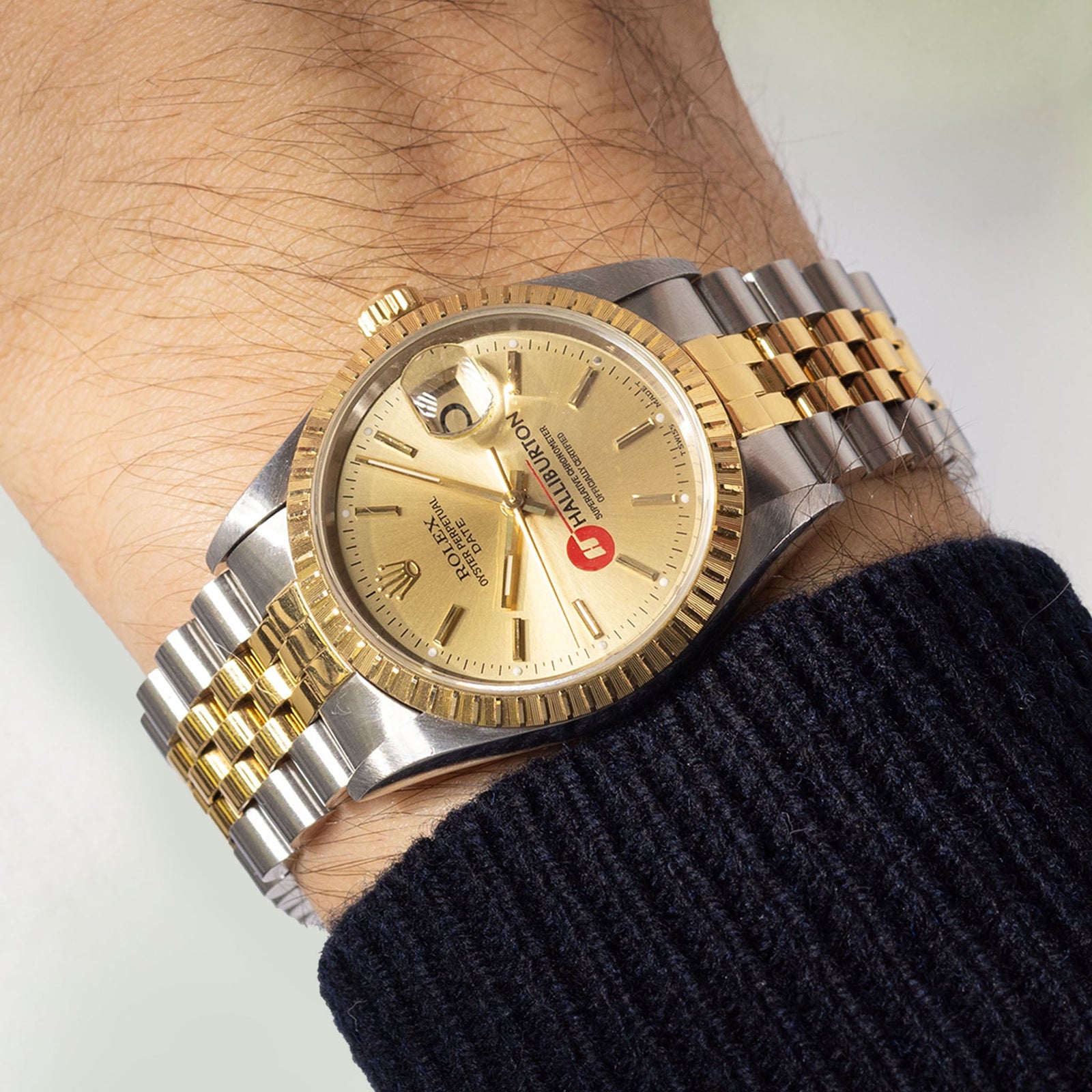 Rolex Oyster Perpetual Date Champagne Halliburton Logo Dial Box and Pa