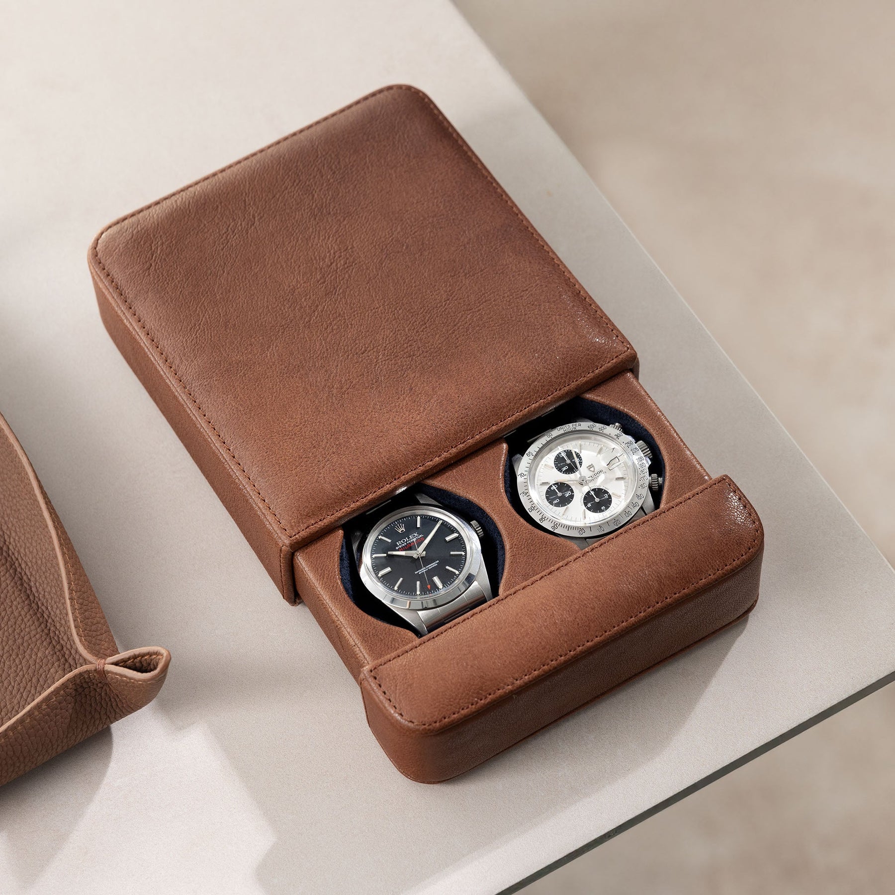 Washed Brown Leather 2 Watch Slider Box by JPM